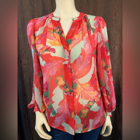 Chico's | Tops | Chicos Foliage Printchiffon Full Sleeve Button Up ...